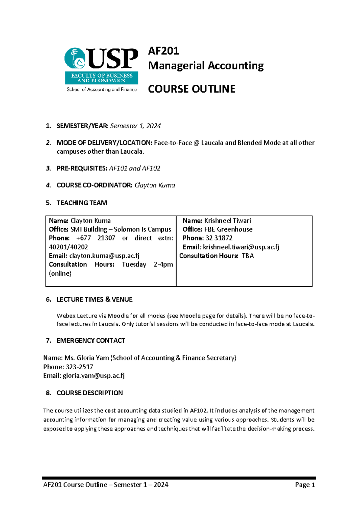 AF201 course outline - Final s1, 2024 post moderation - AF Managerial ...