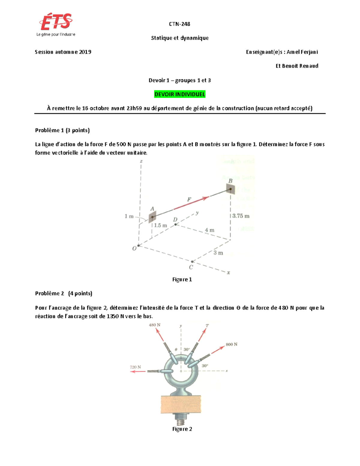 Devoir 1-groupe-1-et-3 - CTN- Statique et dynamique Session automne 2019 Enseignant(e)s : Amel ...
