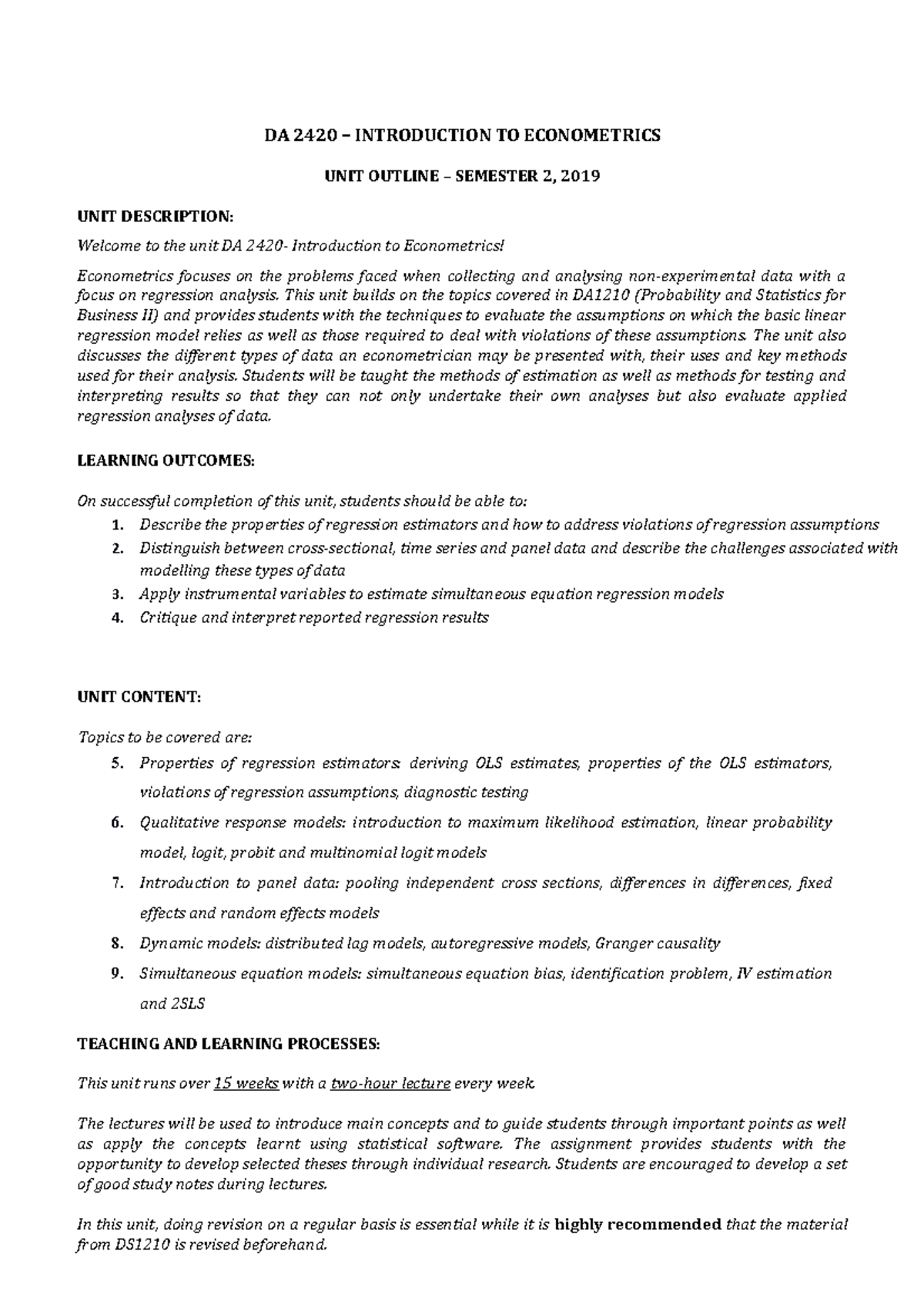 Course Outline Econometrics - DA 2420 INTRODUCTION TO ECONOMETRICS UNIT ...