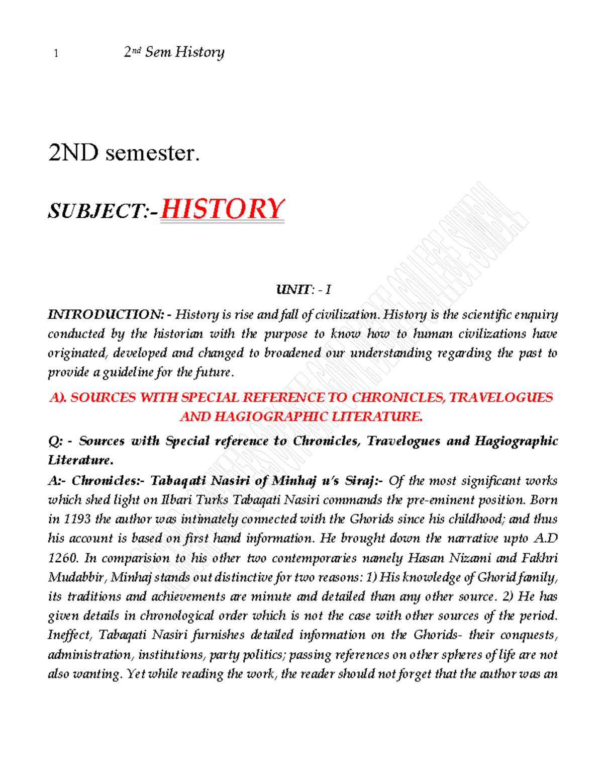 History 2nd Sem UNIT 1 - 2ND semester. SUBJECT:- HISTORY UNIT: - I ...