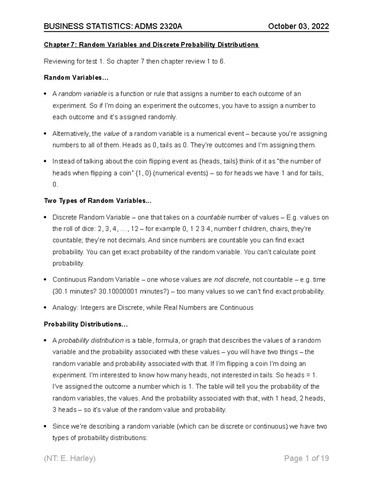 ADMS 2320 Business Stats. 03OCT2022 - Chapter 7: Random Variables and Discrete Probability - Studocu