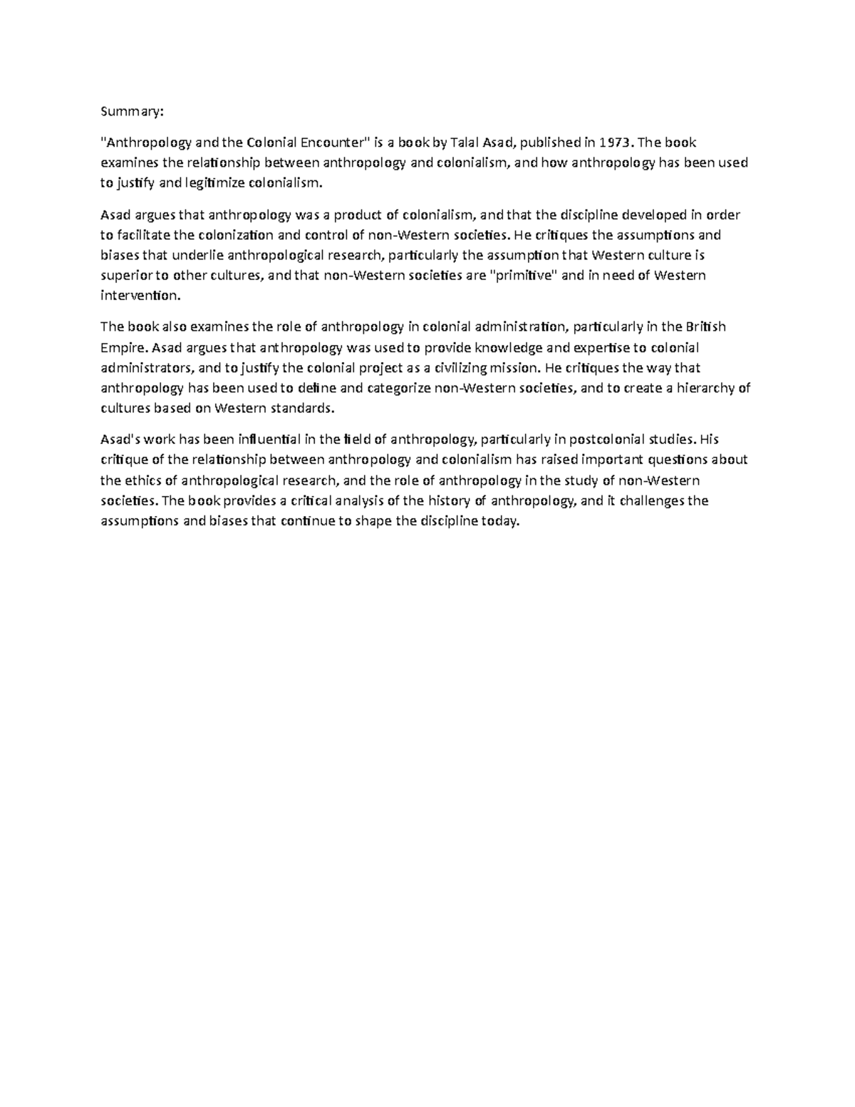 Summary on Anthropology and the Colonial Encounter by Talal Asad ...