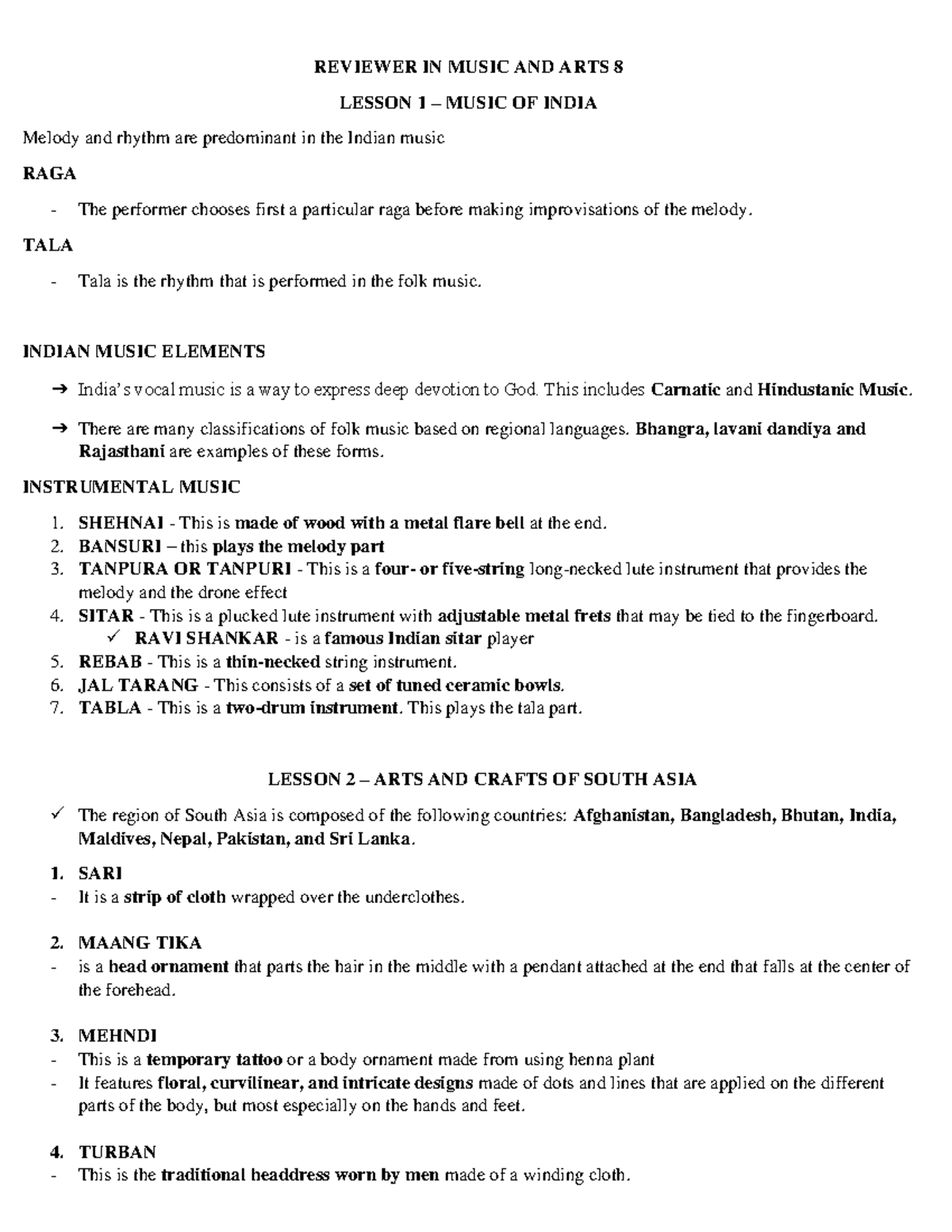 Reviewer IN Music AND ARTS 8 - REVIEWER IN MUSIC AND ARTS 8 LESSON 1 ...