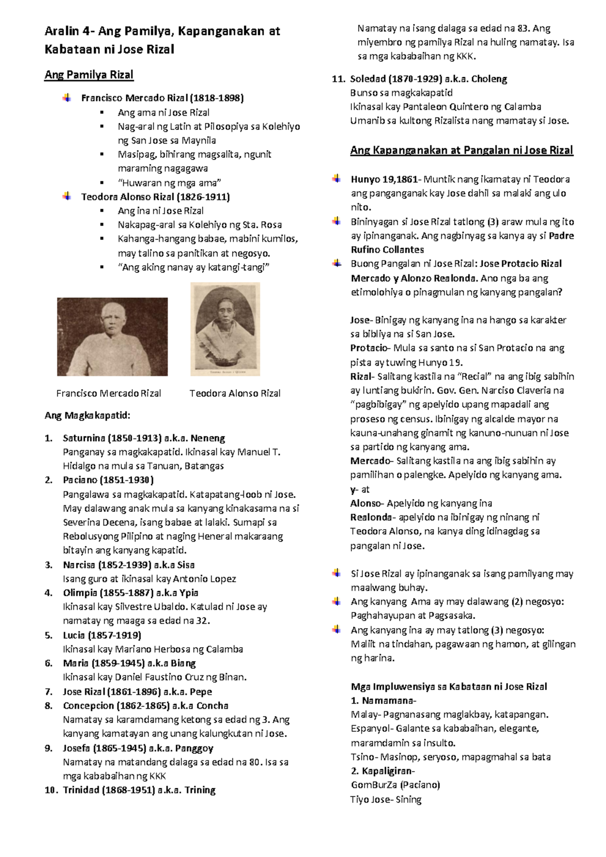 GNED-09 Aralin-4-AND-5 - Aralin 4 - Ang Pamilya, Kapanganakan at Kabataan ni Jose Rizal Ang ...