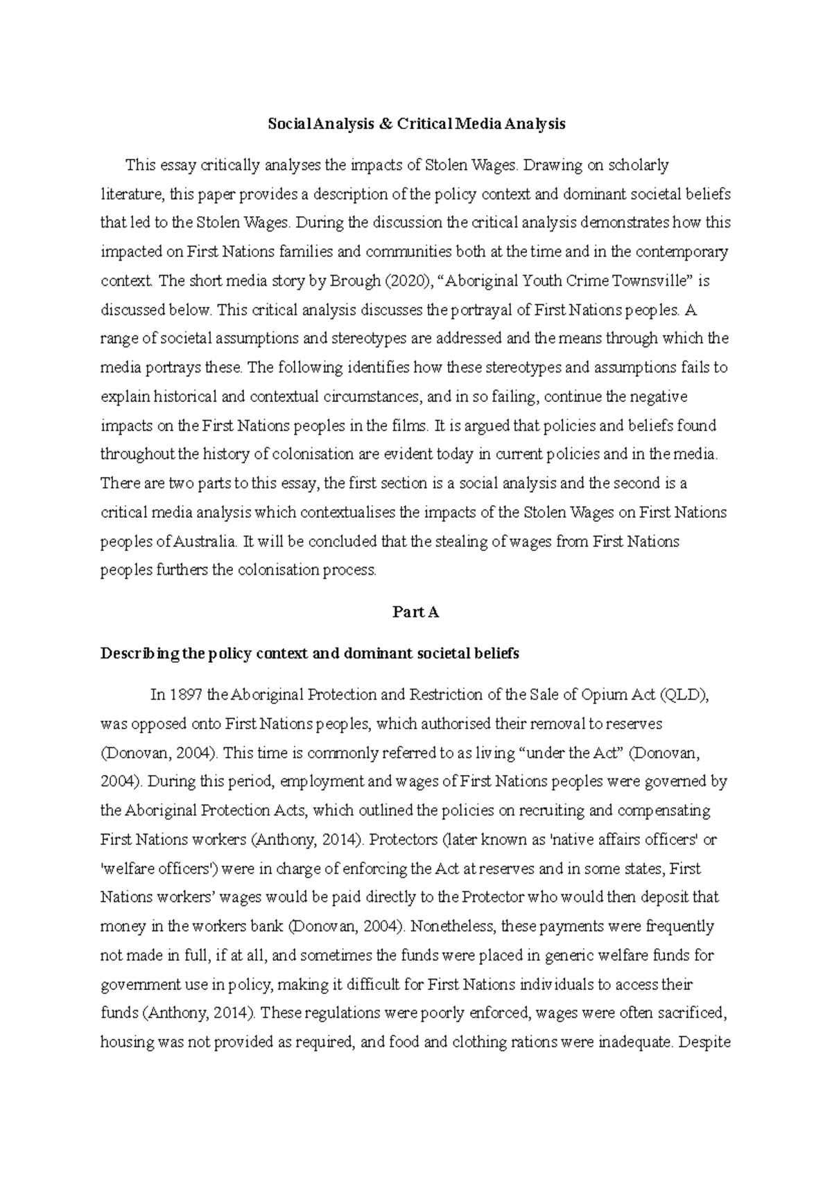 SWB109 Assessment 1 - Critical Analysis - Social Analysis & Critical ...