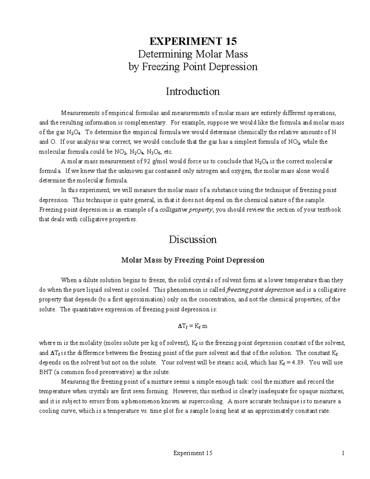 FREEZING POINT BY DEPRESSION - EXPERIMENT 15 Determining Molar Mass by ...