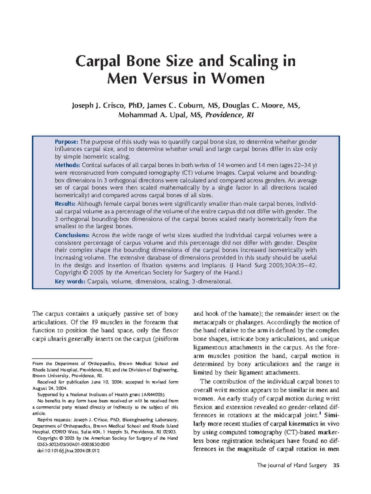 Carpal Bone Size and Scaling in Men vs Women - Carpal Bone Size and ...