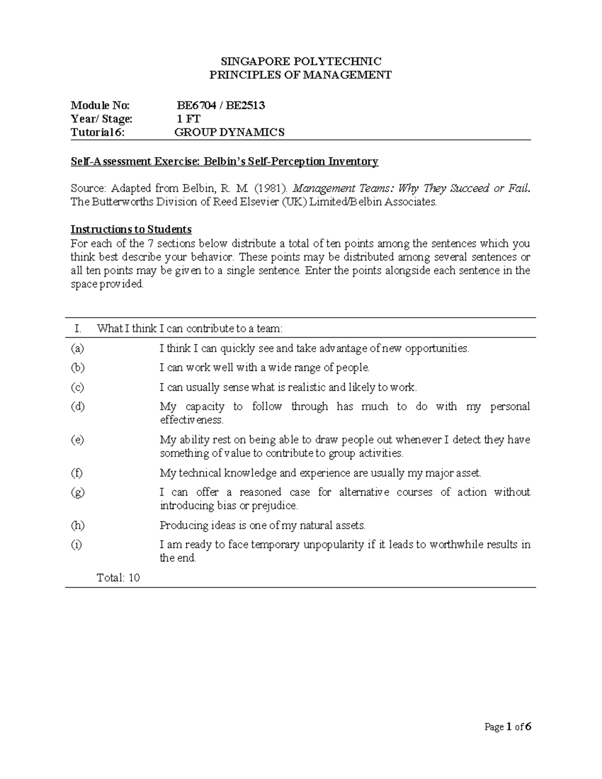 Belbin self perception survey - SINGAPORE POLYTECHNIC PRINCIPLES OF ...