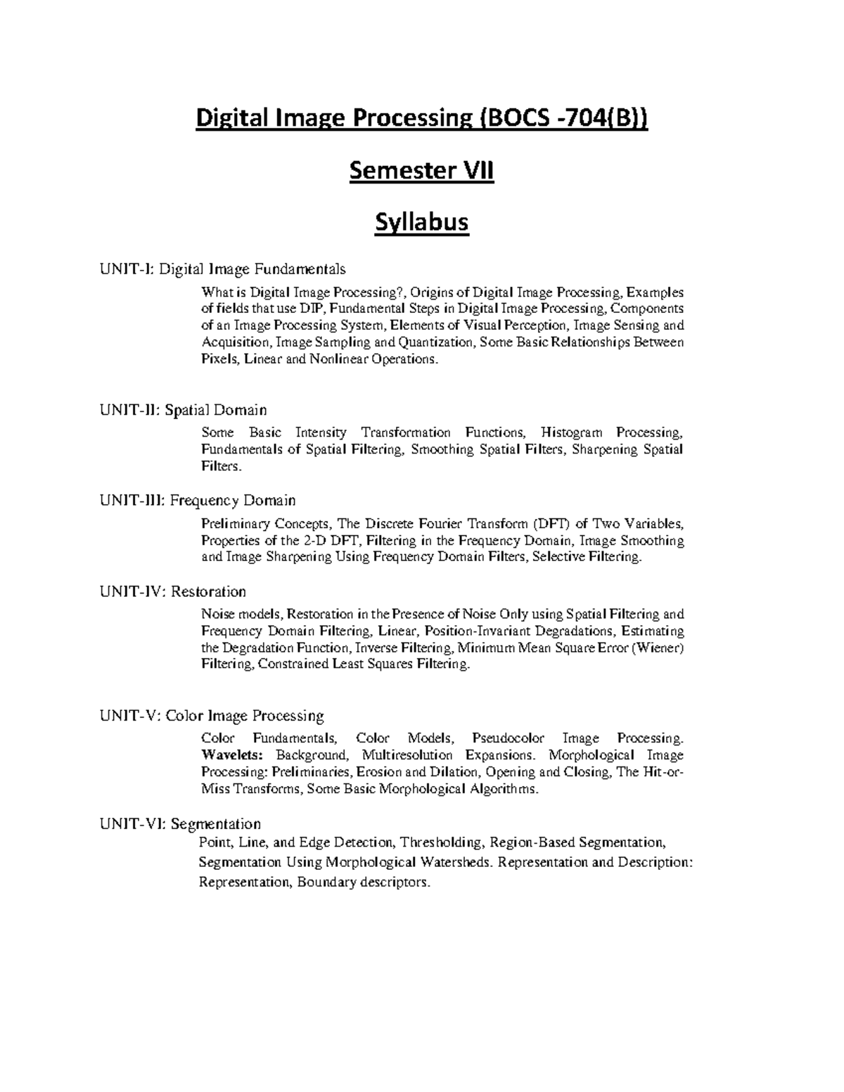 Dip Unit 1 Notes Digital Image Processing Bocs 704b Semester Vii Syllabus Unit I