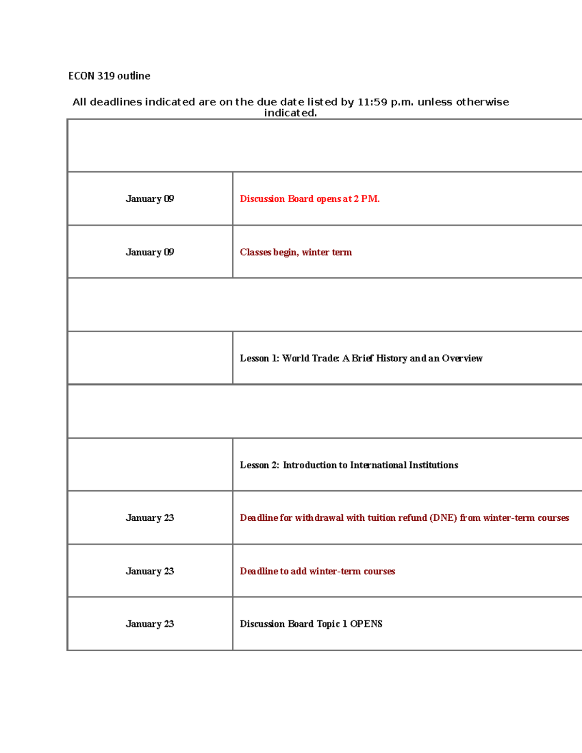 ECON 319 outline - ECON 319 outline All deadlines indicated are on the ...