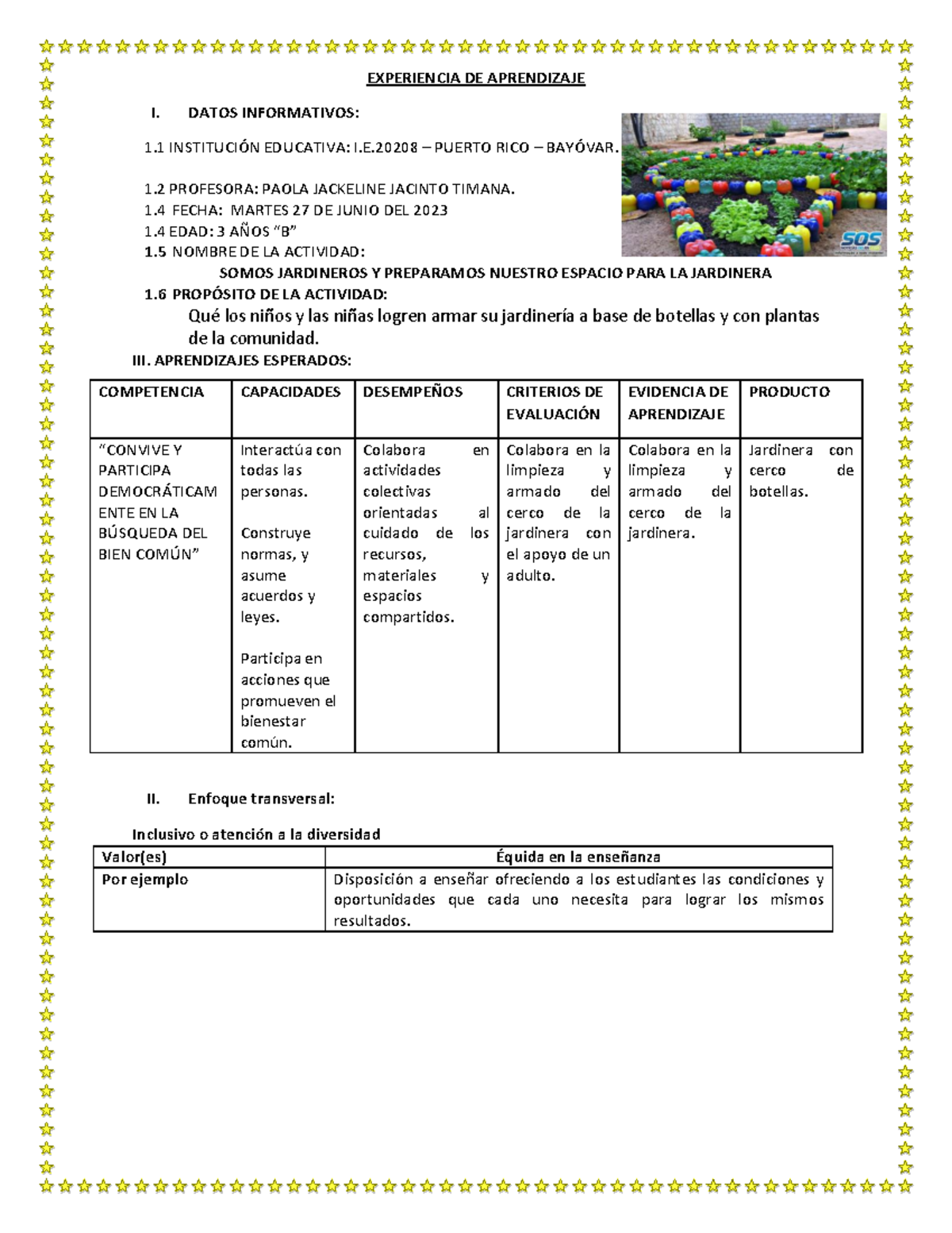 Sesion de jardin - experiencia de aprendizaje - EXPERIENCIA DE ...