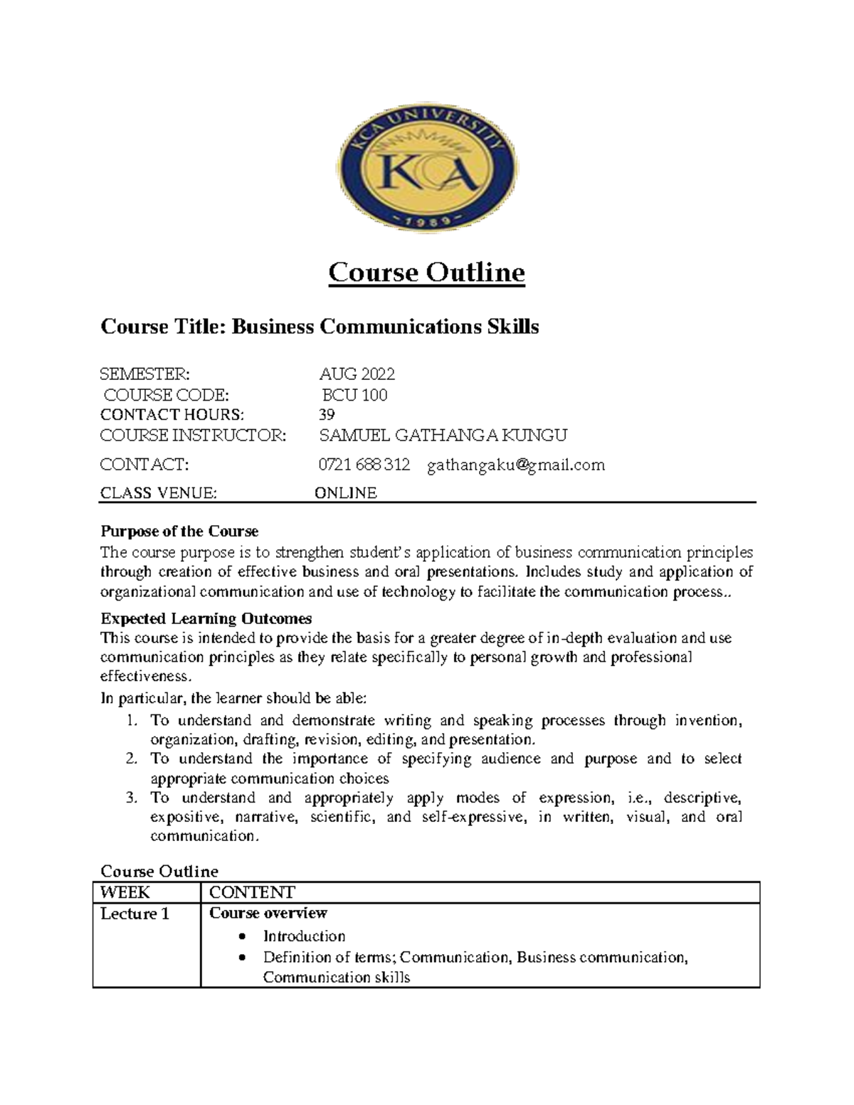 Buss communication skills course outline - Course Outline Course Title ...