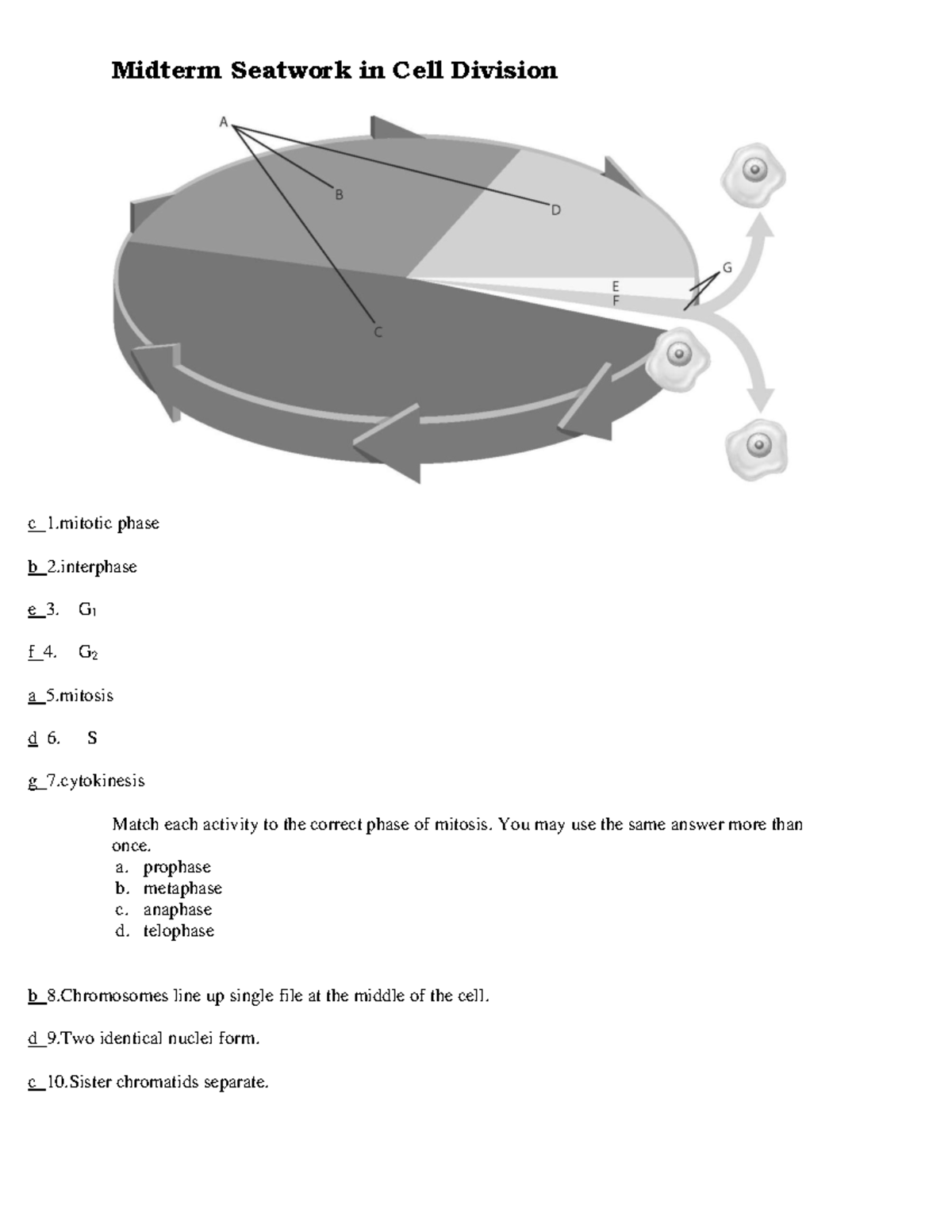 Seatwork in Cell Division - G 1 f 4. G 2 a 5 d 6. S g 7 Match each ...
