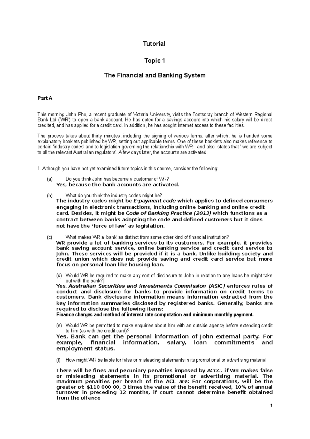 Tutorial 1 Financial and Banking System - Tutorial Topic 1 The Financial and Banking System Part ...
