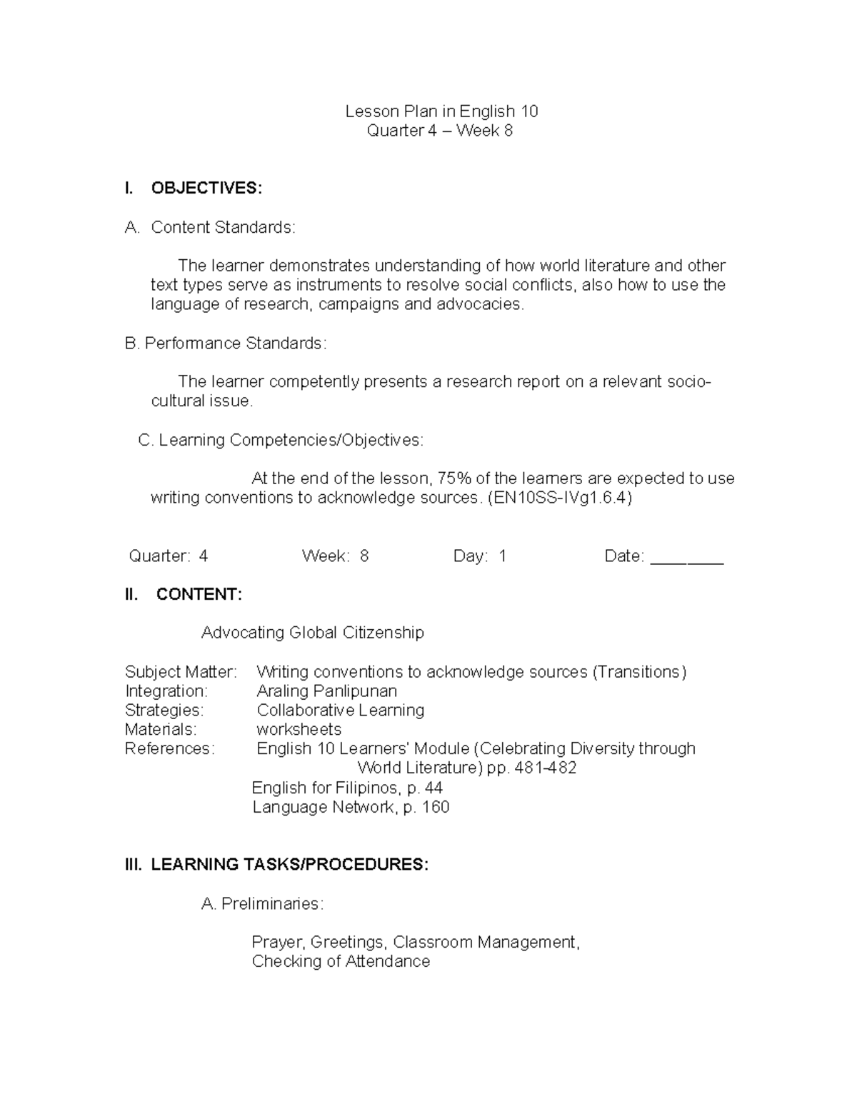 Kk - lesson plan - Lesson Plan in English 10 Quarter 4 – Week 8 I ...