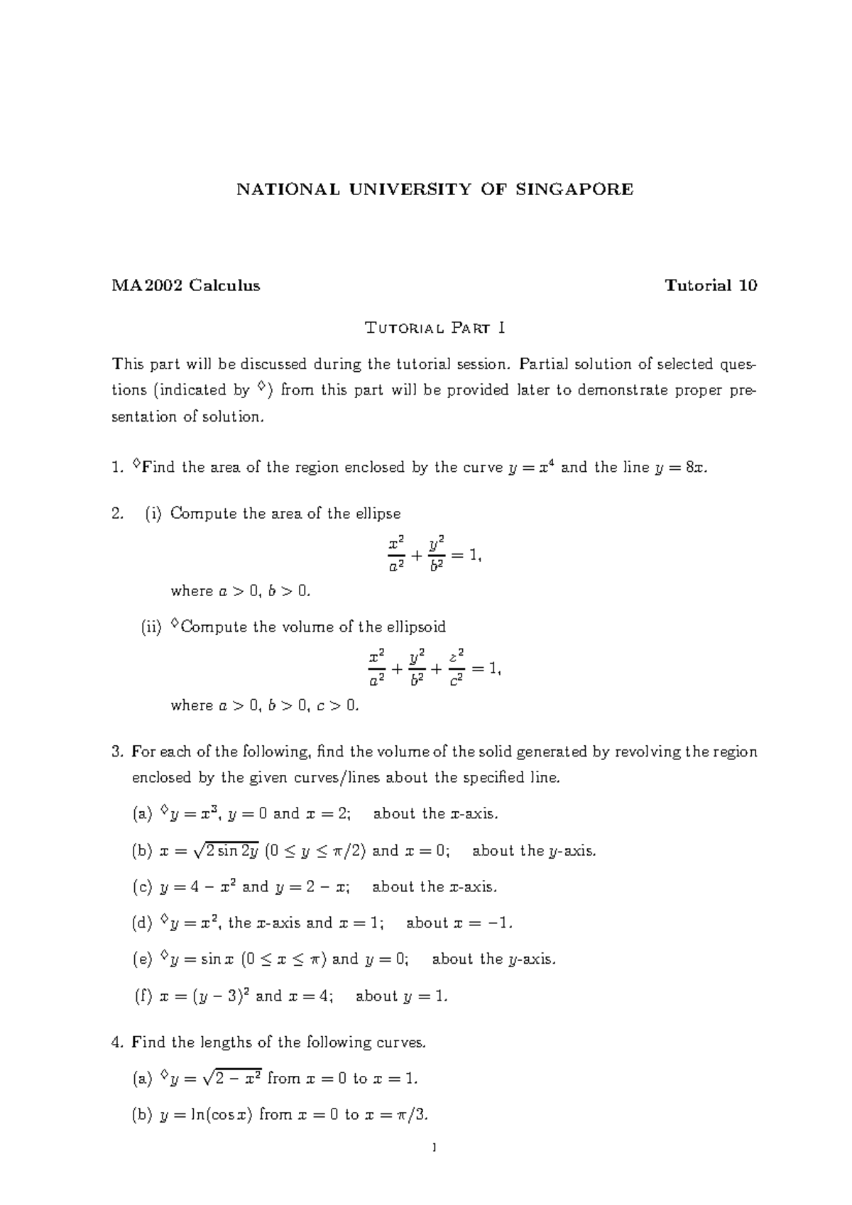 T10 - tutorial questions for practice - NATIONAL UNIVERSITY OF SINGAPORE MA2002 Calculus ...