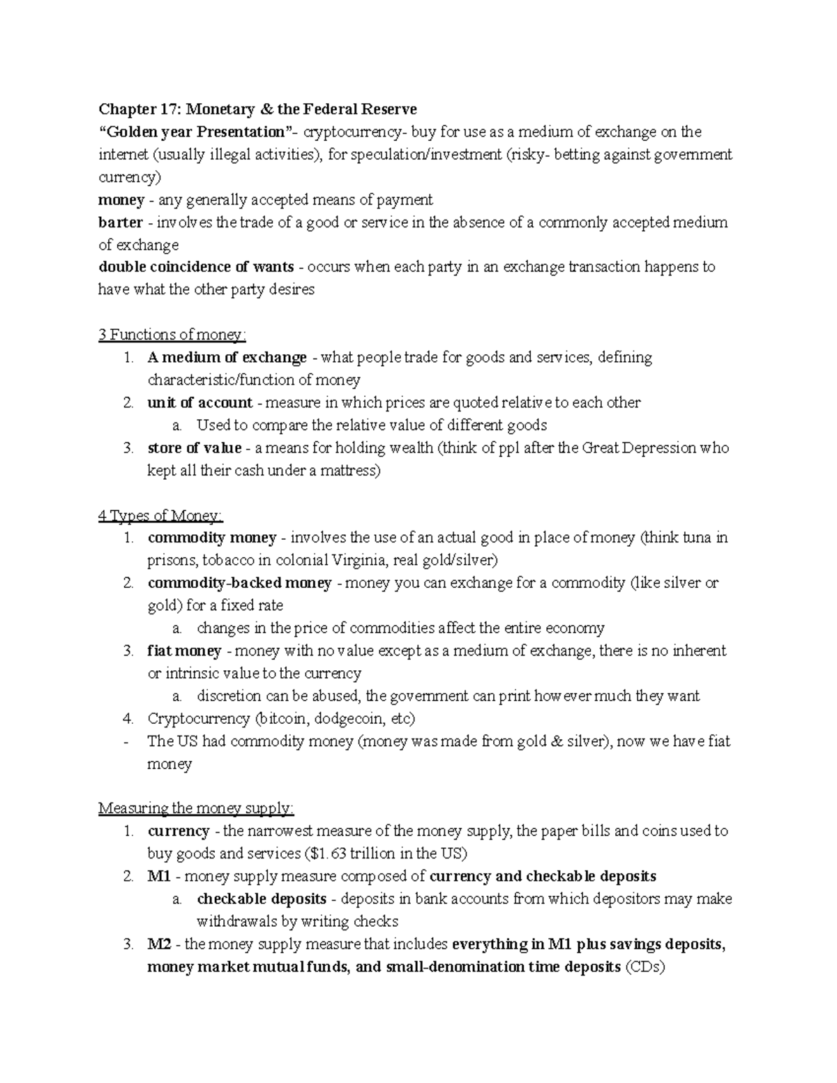 ECON 2020- semester notes - Chapter 17: Monetary & the Federal Reserve