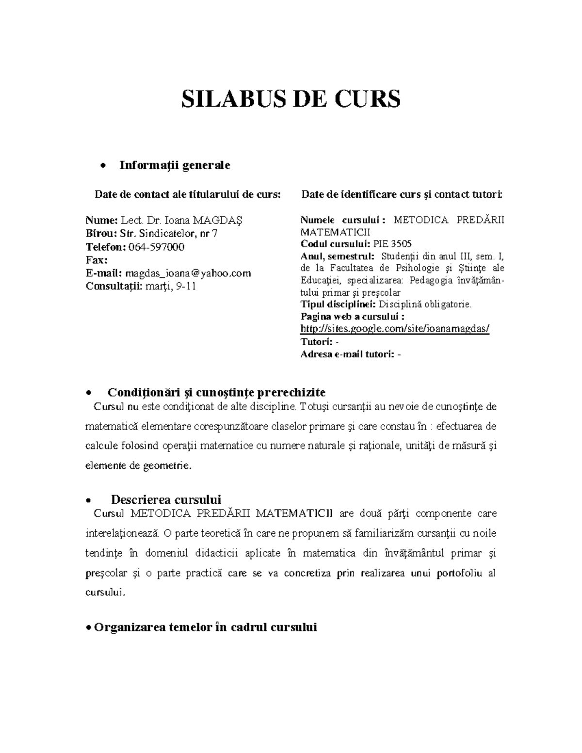 Pdfcoffee - mash - SILABUS DE CURS Informadii generale Date de contact ale titularului de curs ...
