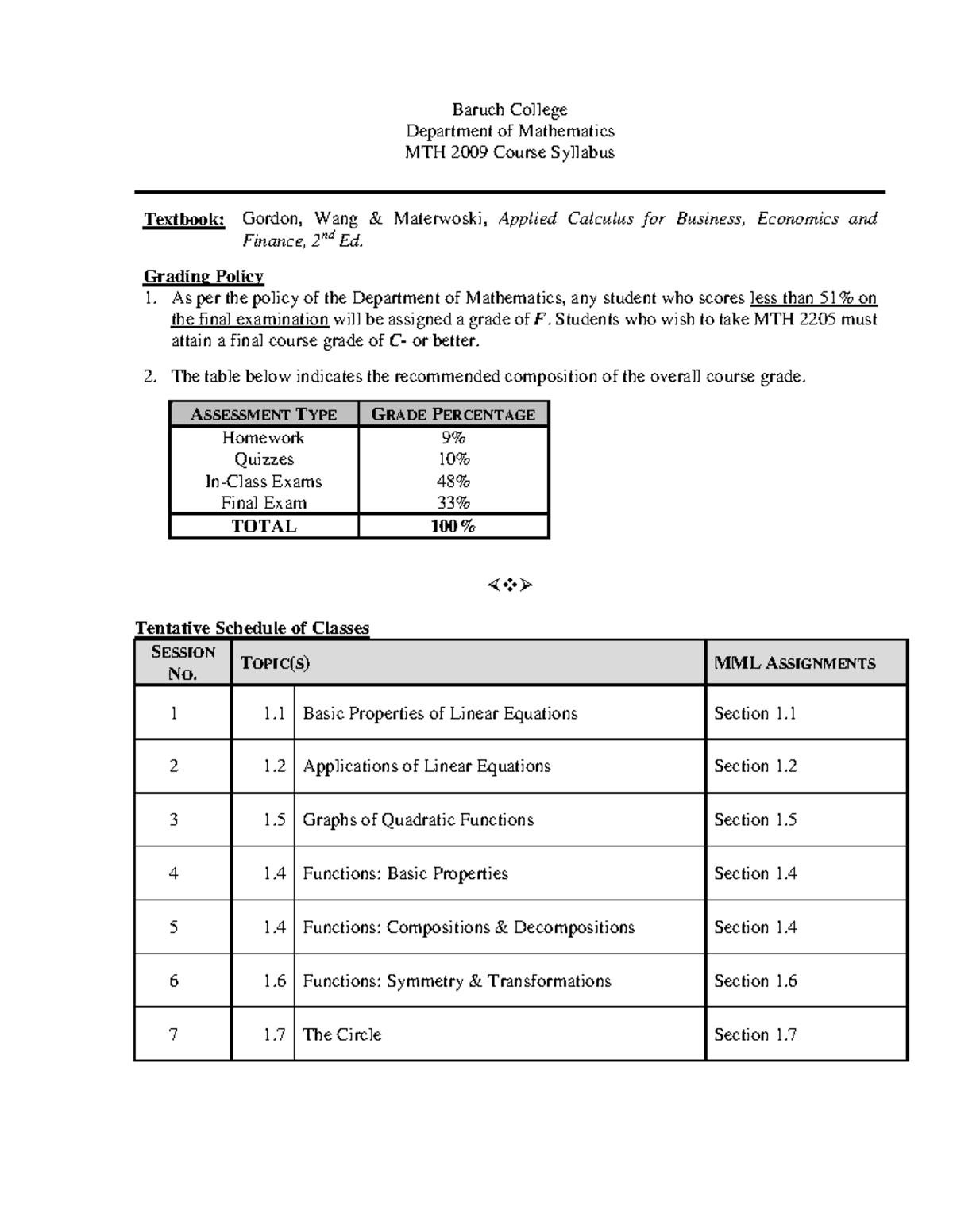 2009 - exam - Baruch College Department of Mathematics MTH 2009 Course ...