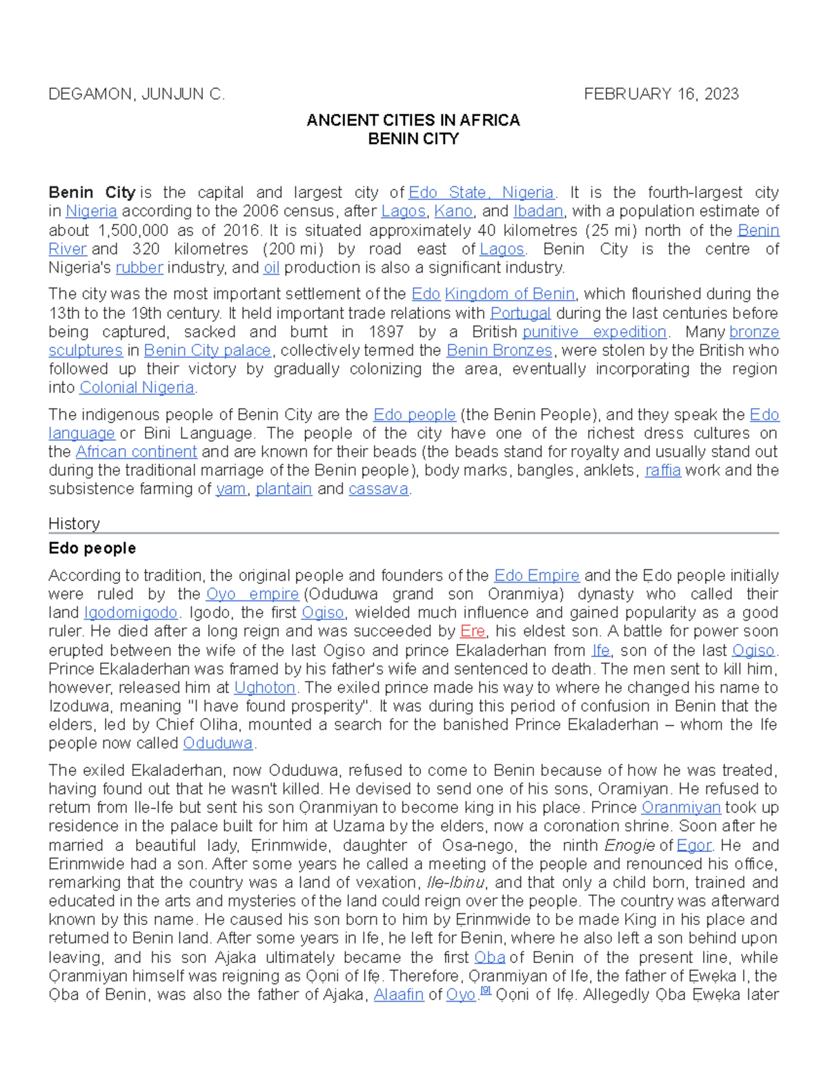 Benin-CITY - ANCIENT CITY IN AFRICA- BENIN CITY - DEGAMON, JUNJUN C ...