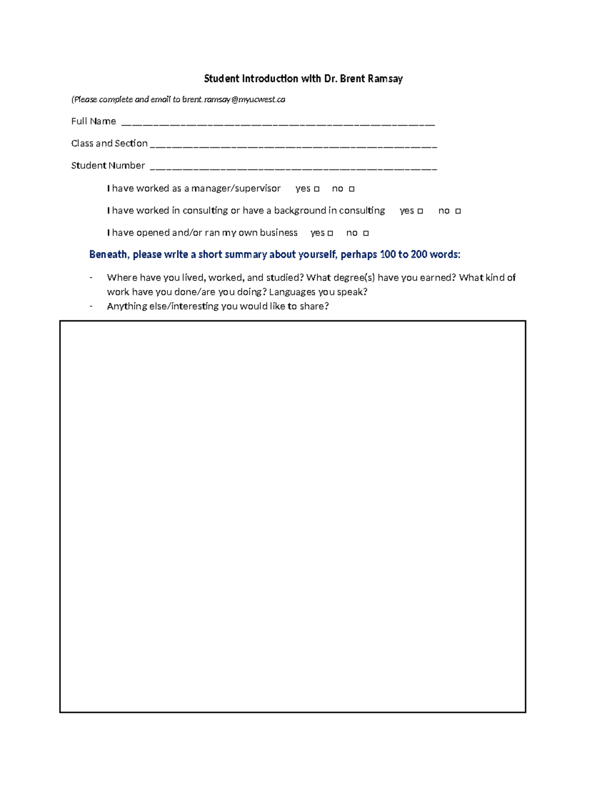 A Student Introduction Form - Student Introduction with Dr. Brent ...