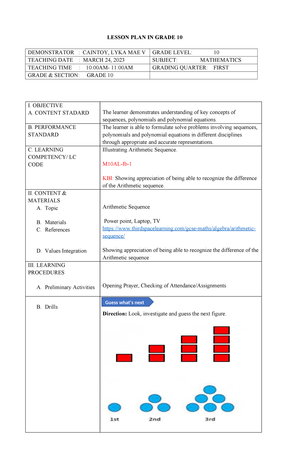 lesson plan: COMBINATION - LESSON PLAN IN GRADE 10 DEMONSTRATOR ...