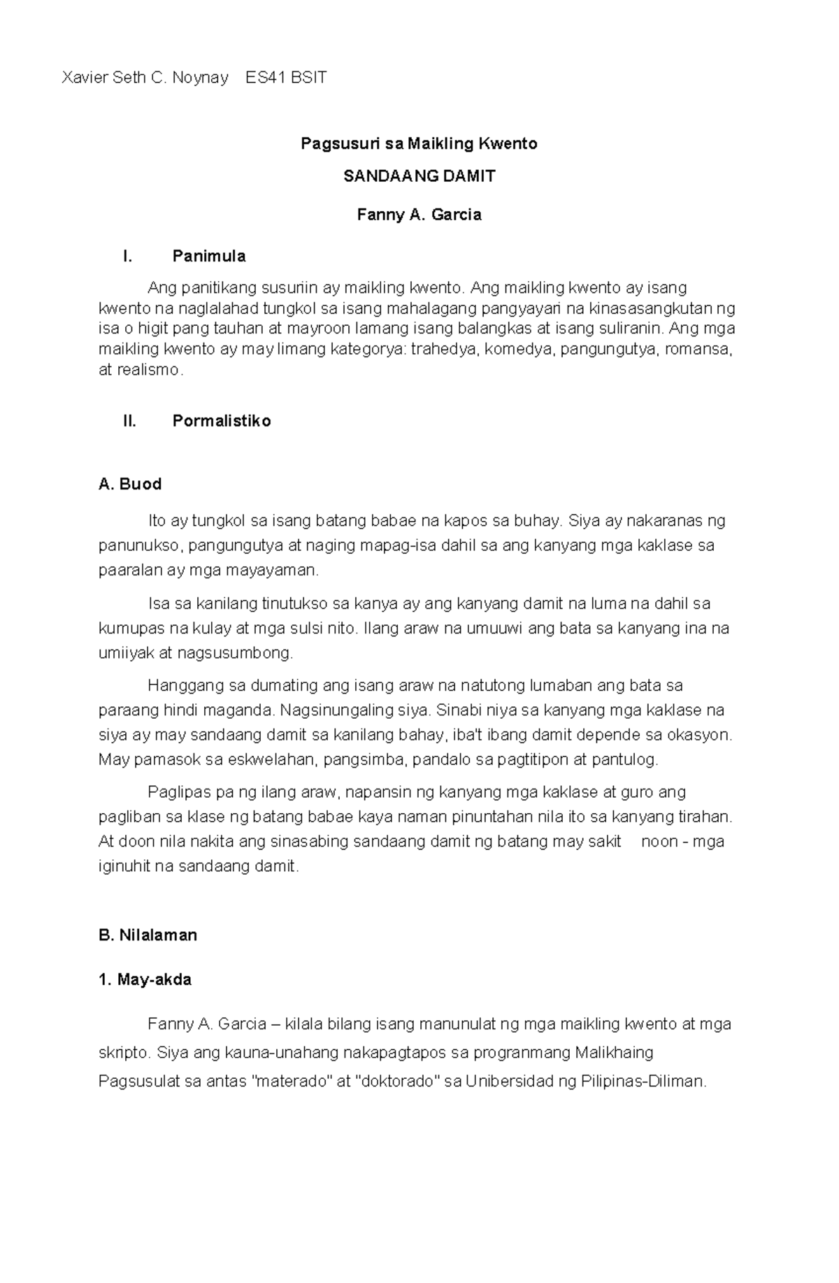 Pagsusuri sa Maikling Kwento - Xavier Seth C. Noynay ES41 BSIT ...