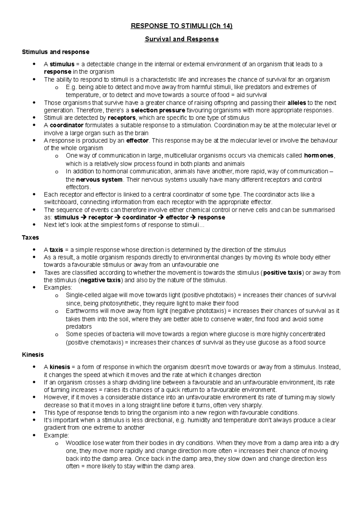 14. Notes - Response to Stimuli - RESPONSE TO STIMULI (Ch 14) Survival ...