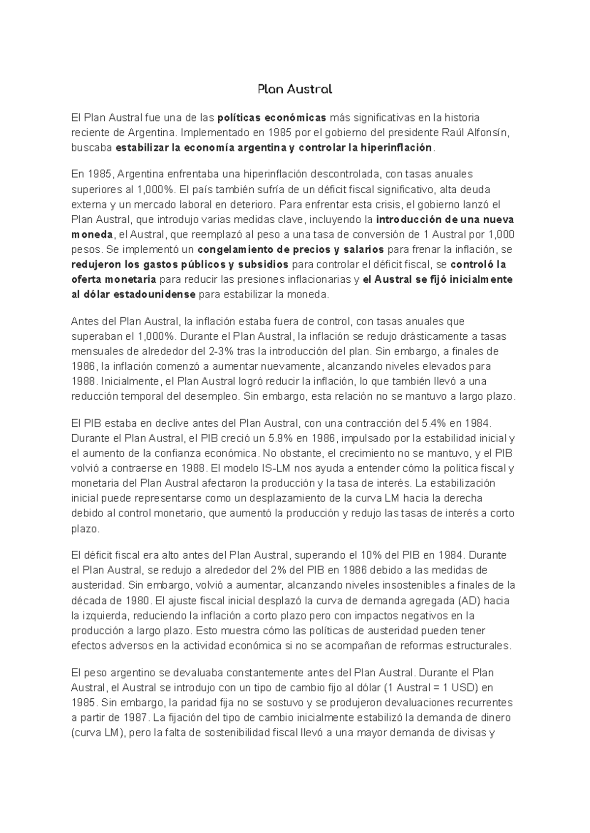 PLAN Austral - Plan Austral El Plan Austral fue una de las políticas económicas más ...