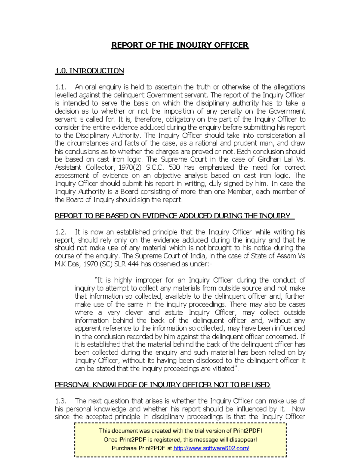 Inquiry report - REPORT OF THE INQUIRY OFFICER 1. INTRODUCTION An oral ...