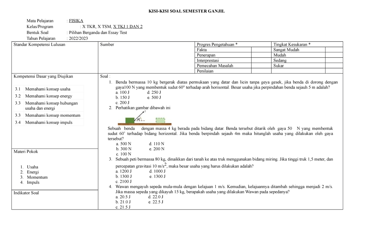 KISI-KISI SOAL Fisika Kelas X (TSM,TKR,TKJ1,TKJ2) - KISI-KISI SOAL ...