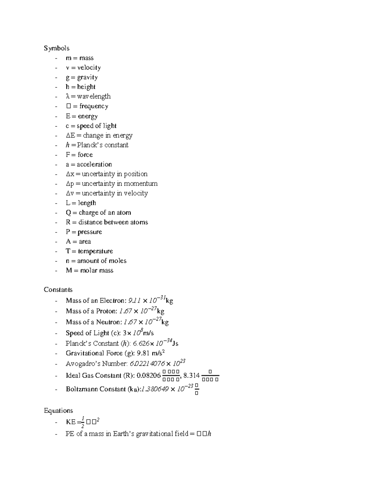 Final Exam Equation Sheet - Symbols - m = mass - v = velocity - g ...
