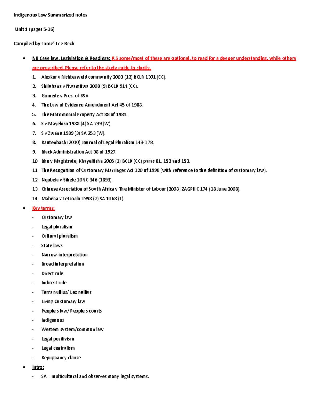 Indigenous Law Summarized notes- Unit 1 - IDL41BO - UJ - Studocu
