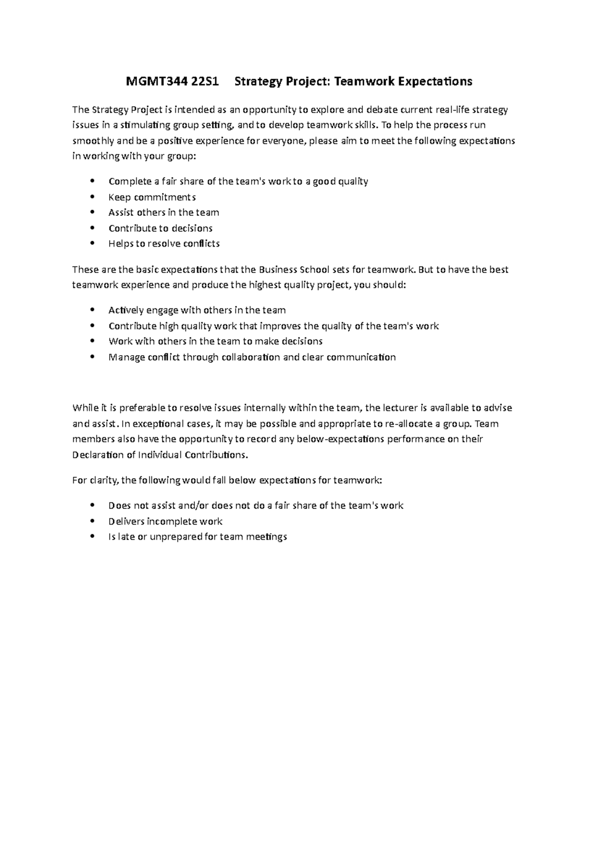 MGMT344 22S1 Project Teamwork Expectations - MGMT344 22S1 Strategy ...