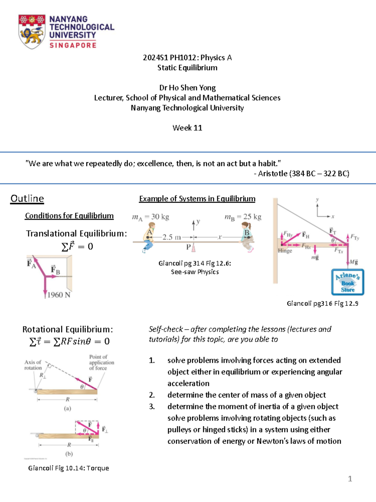 2024 - 11bcab Rotation Kinematics and Dynamics - Outline Conditions for Equilibrium ...
