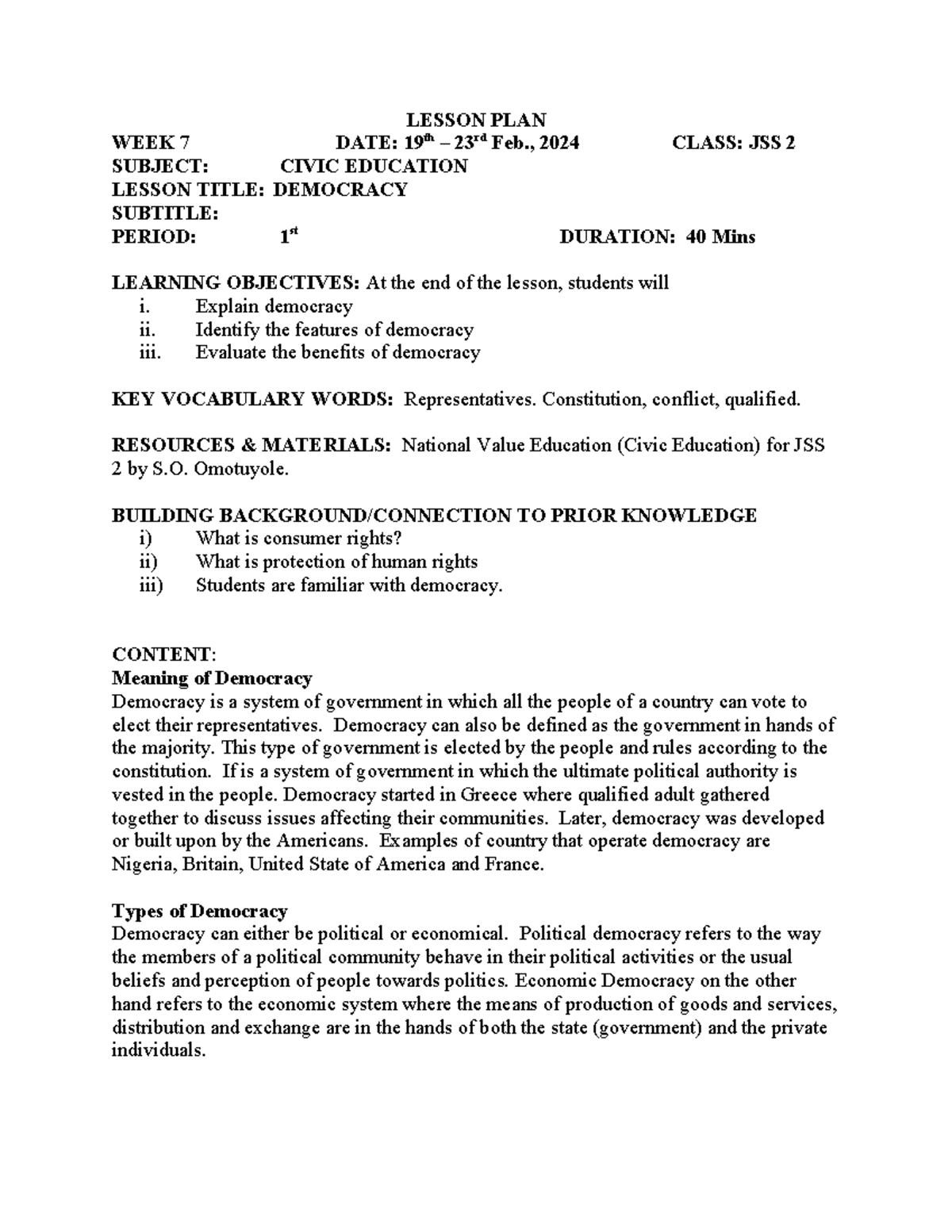 Week 7 JSS 2 - LESSON PLAN WEEK 7 DATE: 19th – 23rd Feb., 2024 CLASS ...