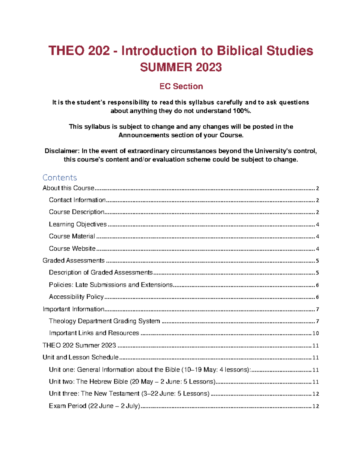 Biblical studies - THEO 202 - Introduction to Biblical Studies SUMMER ...