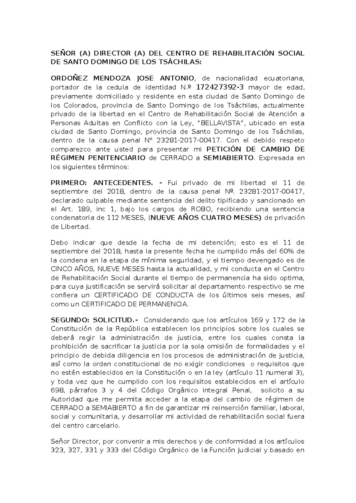 Regimen Semiabierto - SEÑOR (A) DIRECTOR (A) DEL CENTRO DE ...