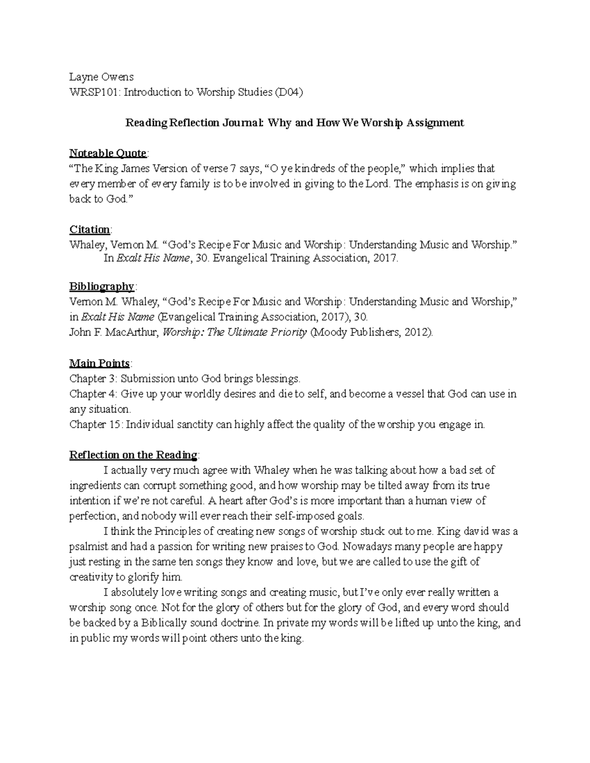 Why and How We Worship - This was an evaluation of the reading that was ...