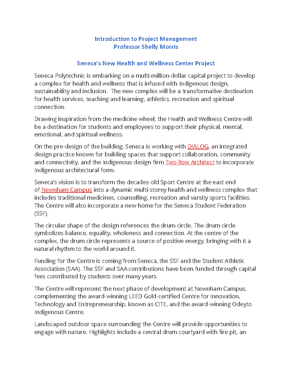 MAN400 Case Study Seneca's New Health and Wellness Center ...