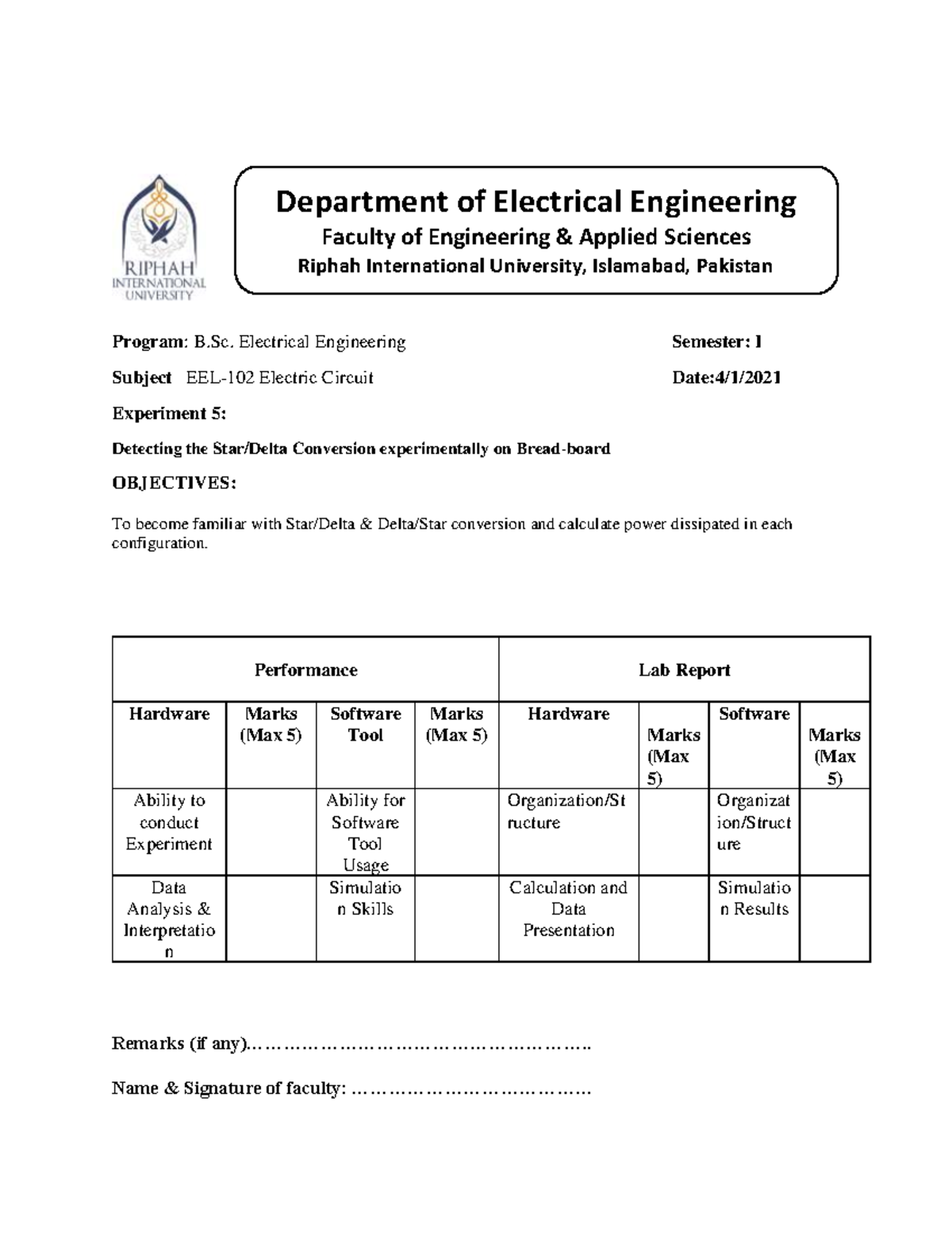 Electric Circuit Lab EEL-102 Report 05 - Program : B. Electrical ...