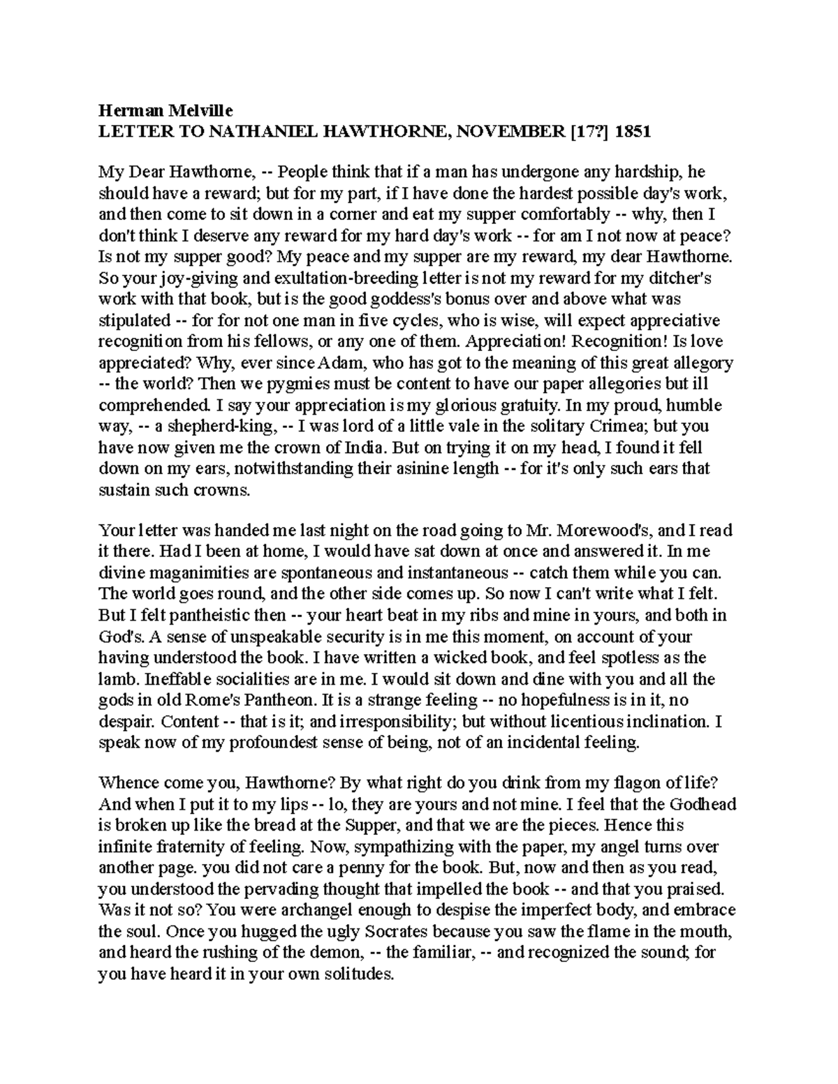Herman+Melville+to+Hawthorne - Herman Melville LETTER TO NATHANIEL ...
