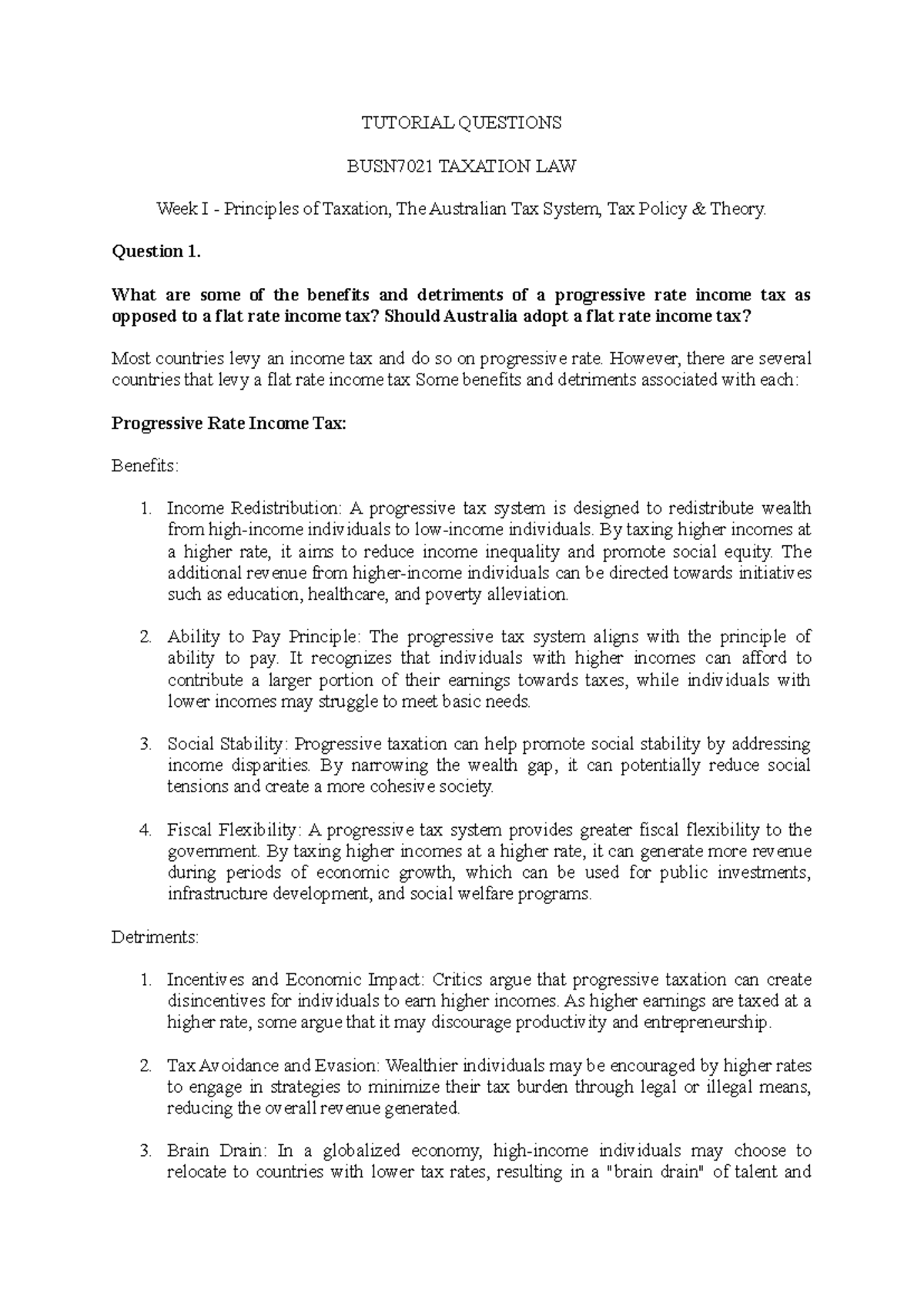 Tutorial Questions BUSN7021 Taxation LAW Week I - Principles of ...