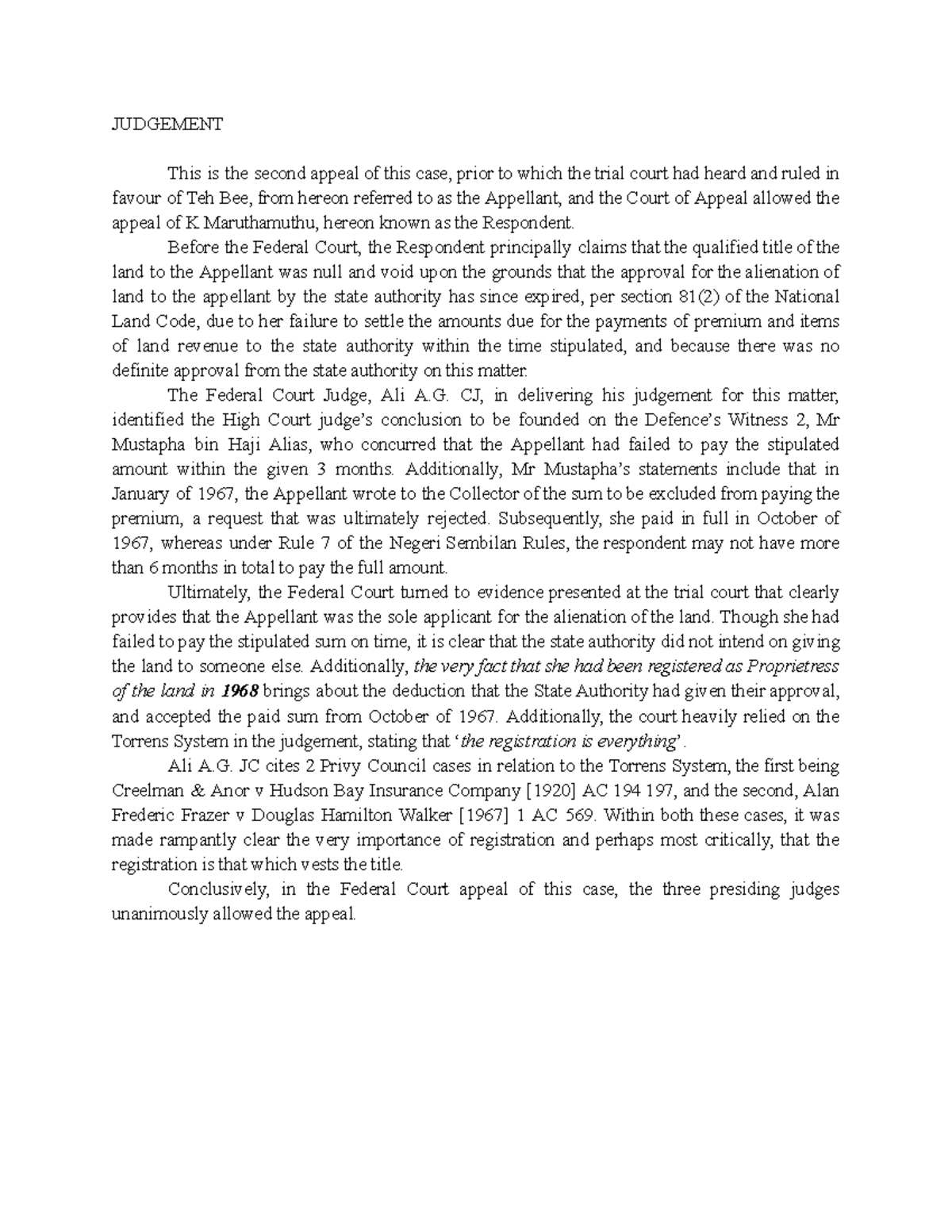 Judgement - Teh bee v k maruthamuthu - JUDGEMENT This is the second appeal of this case, prior ...