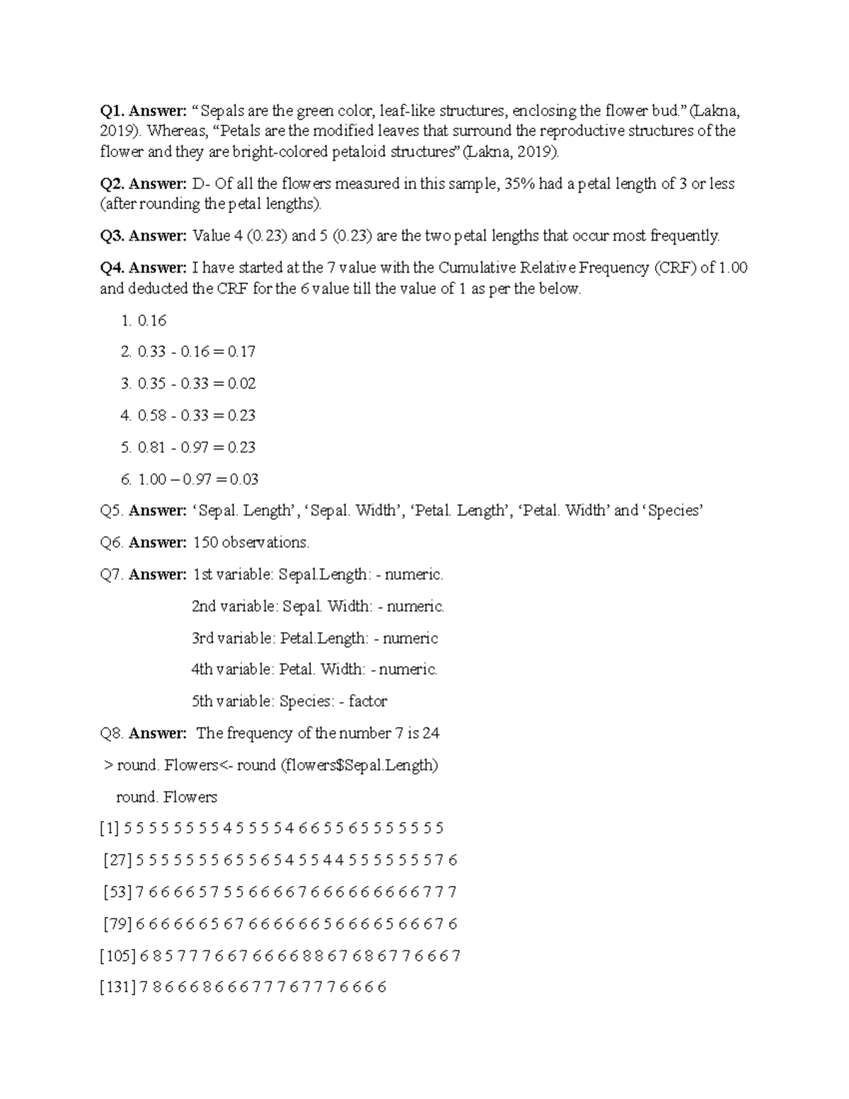 Writting Assignment Introduction To Statistics Math 1280 Q1 Answer “sepals Are The Green