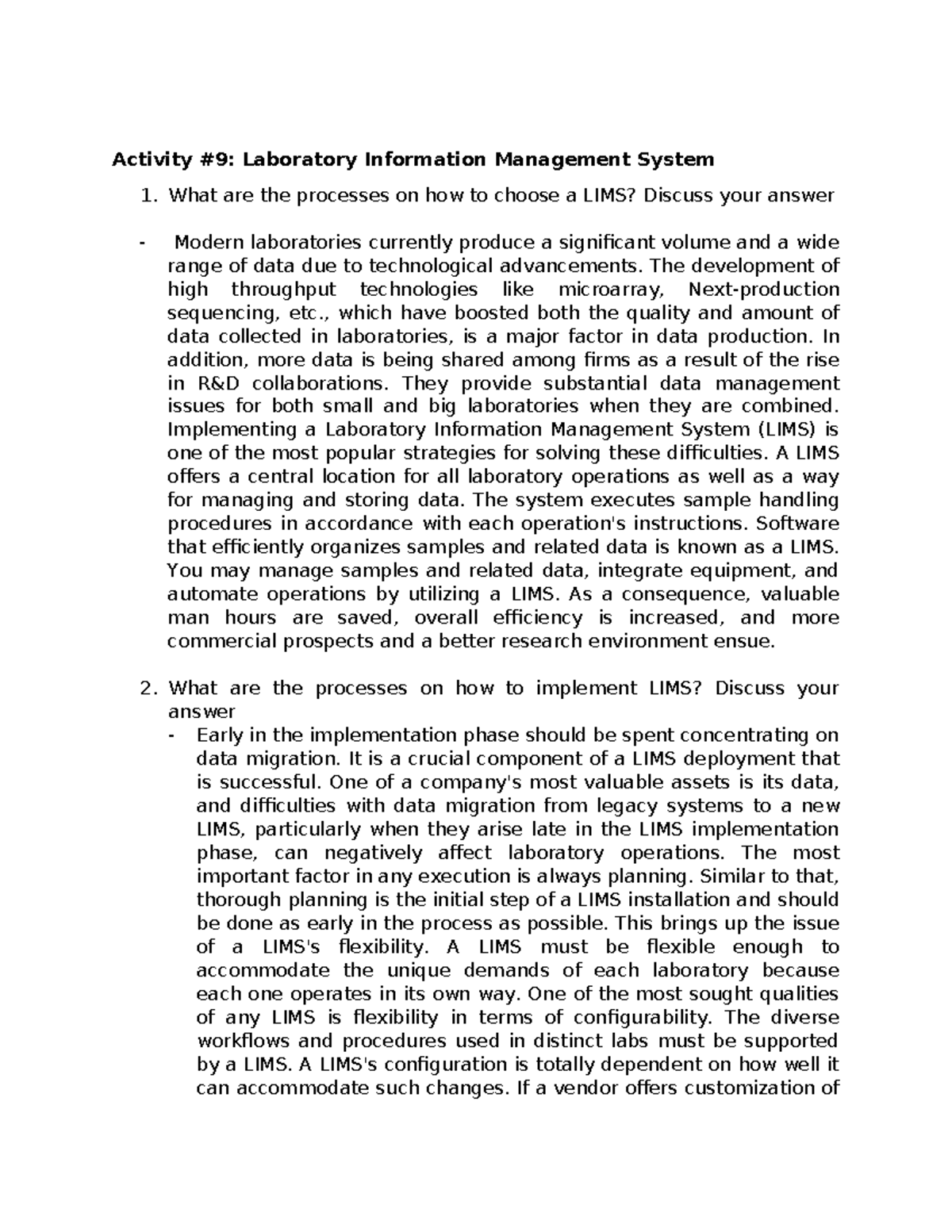 Activity #9 - Activity #9: Laboratory Information Management System 1 ...
