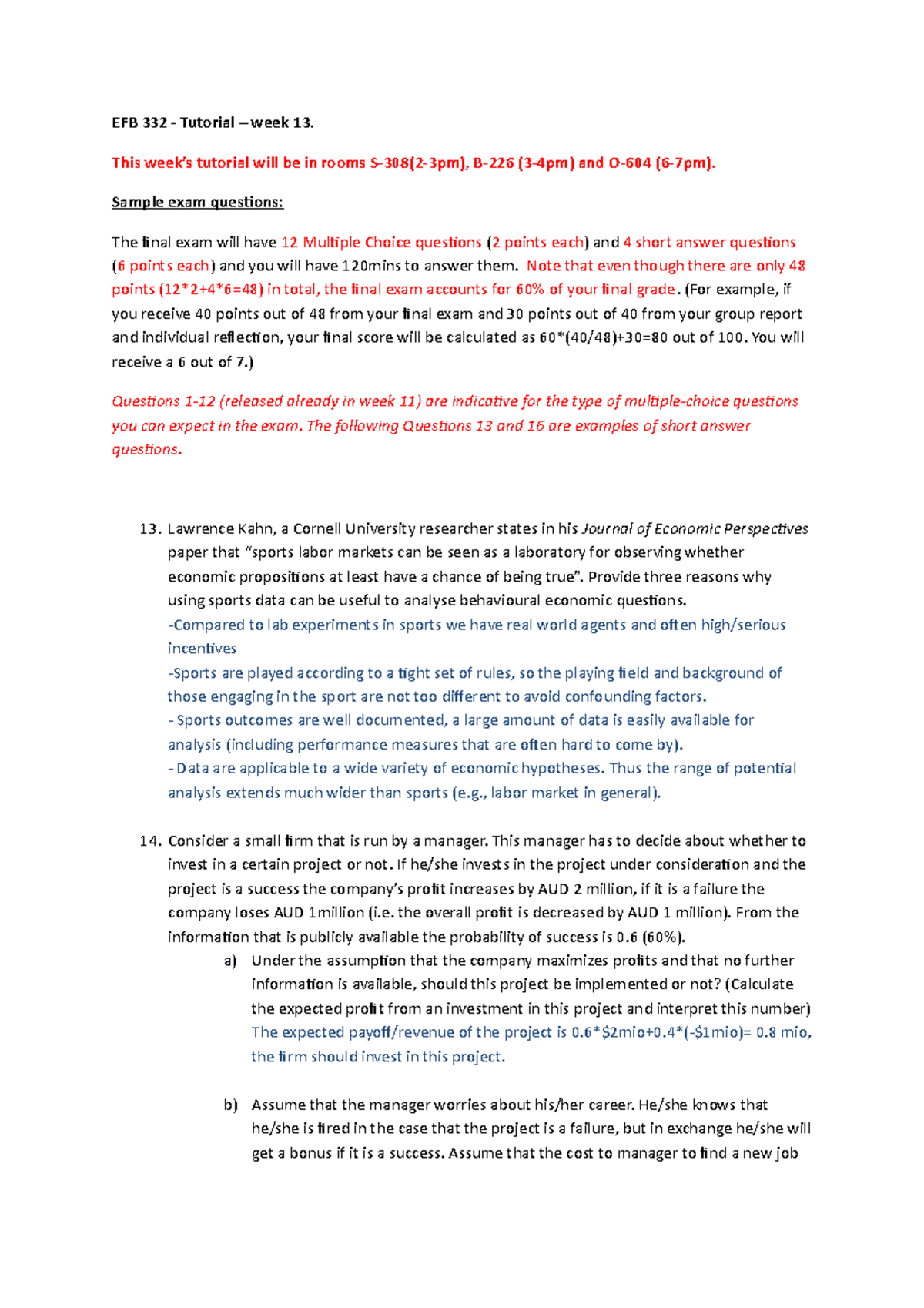 Tutorial Week 13 Sample Exam-short-answer-questions w answers - EFB 332 ...