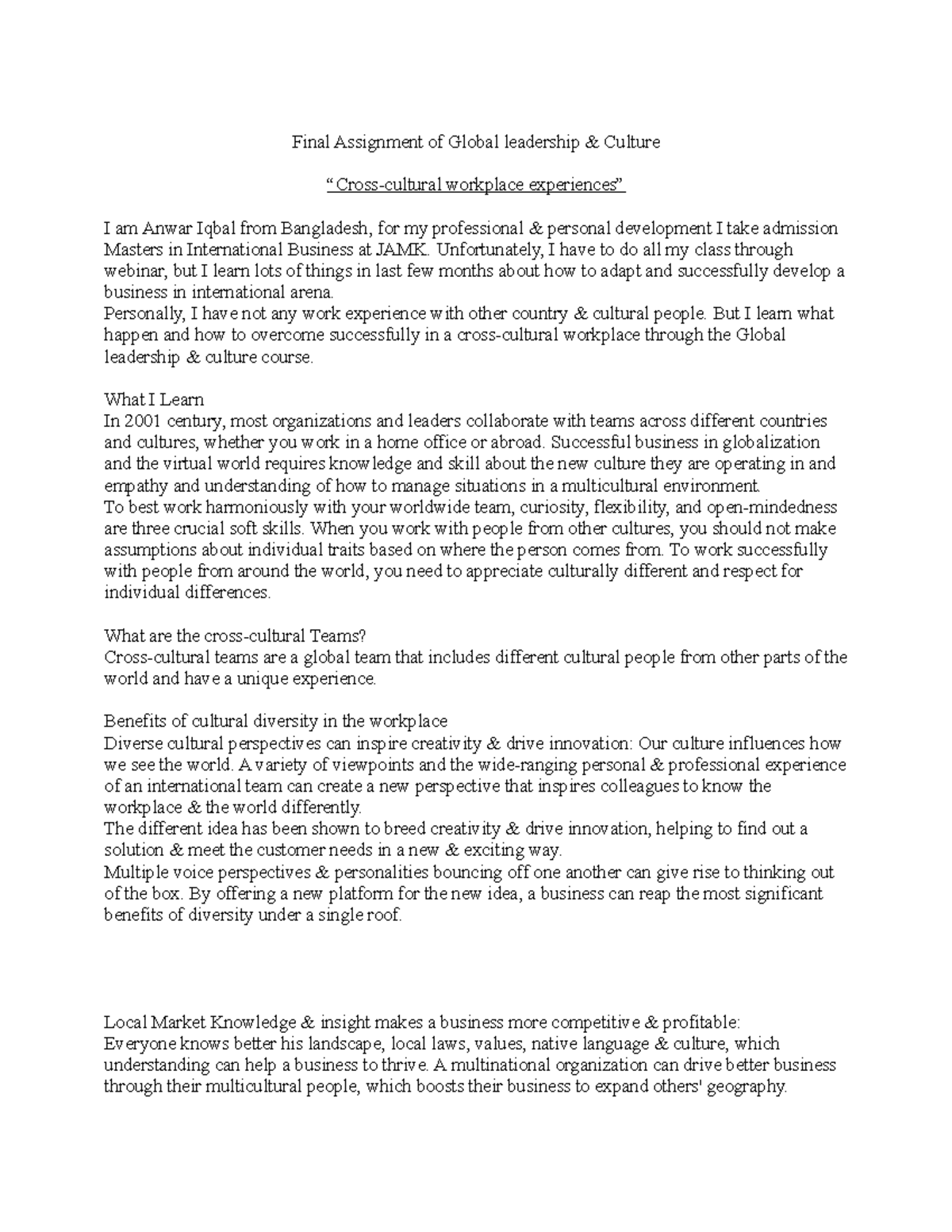 Final Assignment of Anwar Iqbal Yhihv 400-3001 - Final Assignment of ...