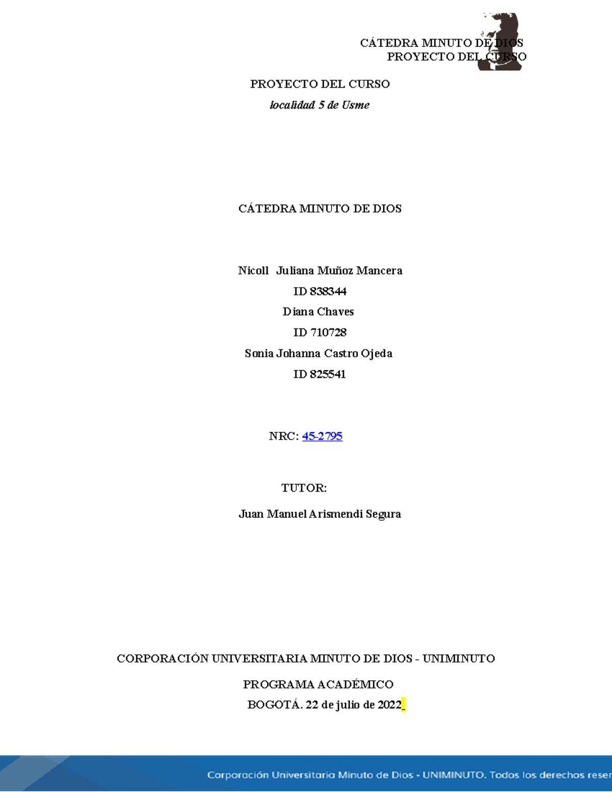 Proyecto catedra parte 2 - PROYECTO DEL CURSO PROYECTO DEL CURSO localidad 5 de Usme CÁTEDRA ...