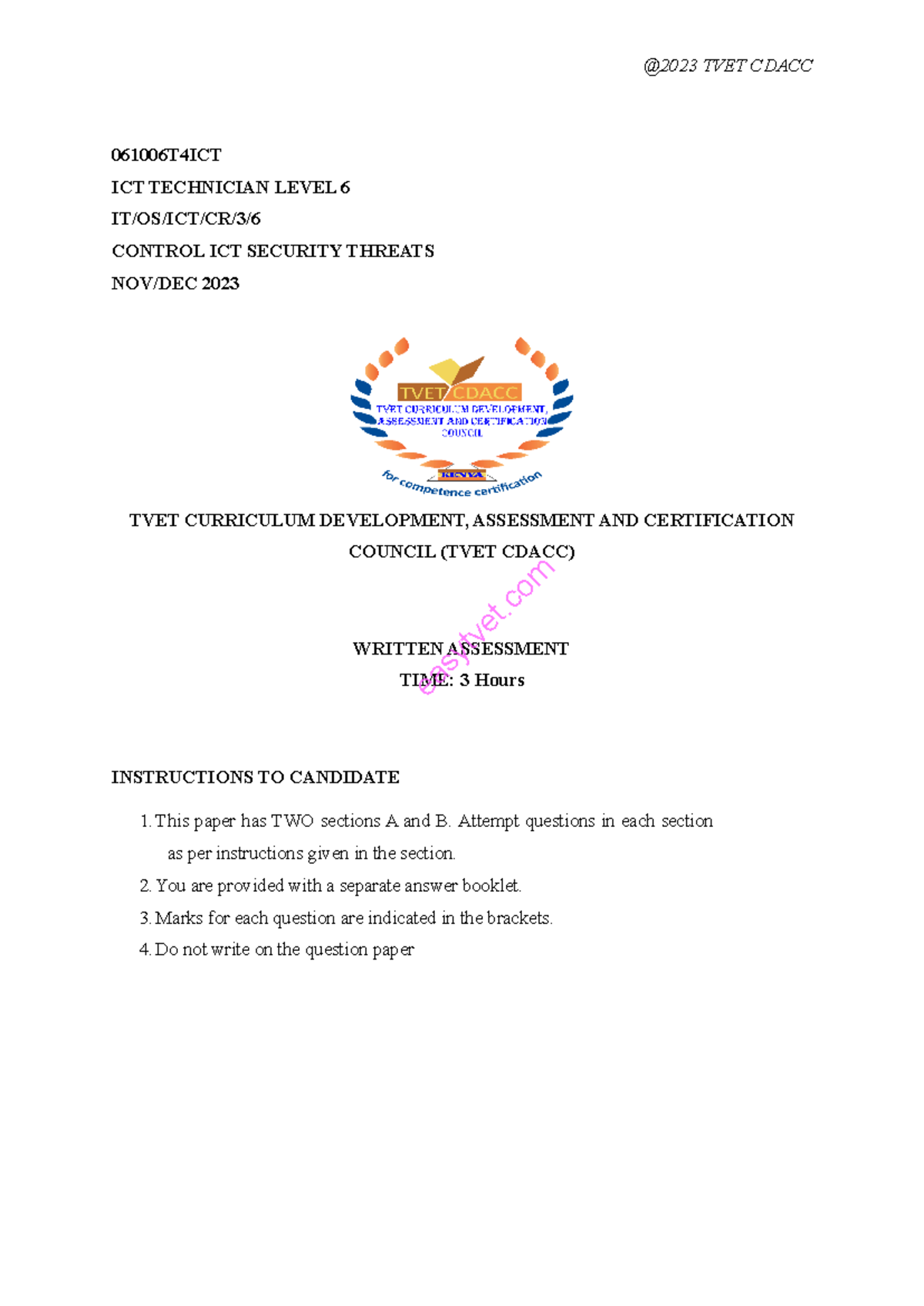 Ict security thrtr - @2023 TVET CDACC 061006T4ICT ICT TECHNICIAN LEVEL ...